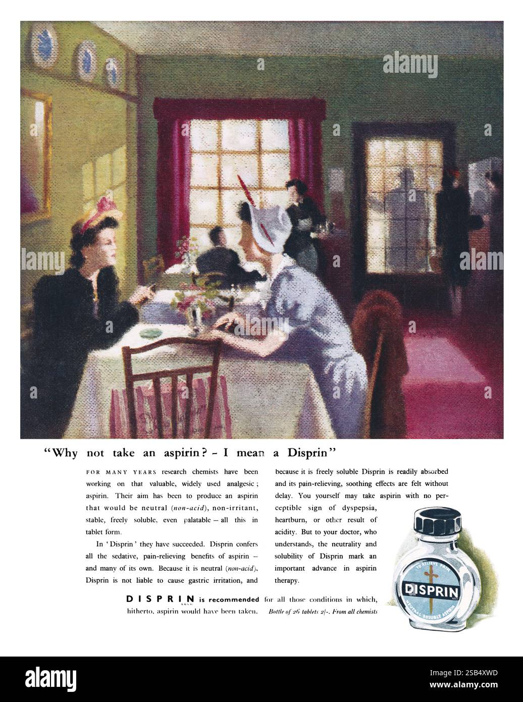 1949 British advertisement for the analgesic Disprin soluble aspirin ...