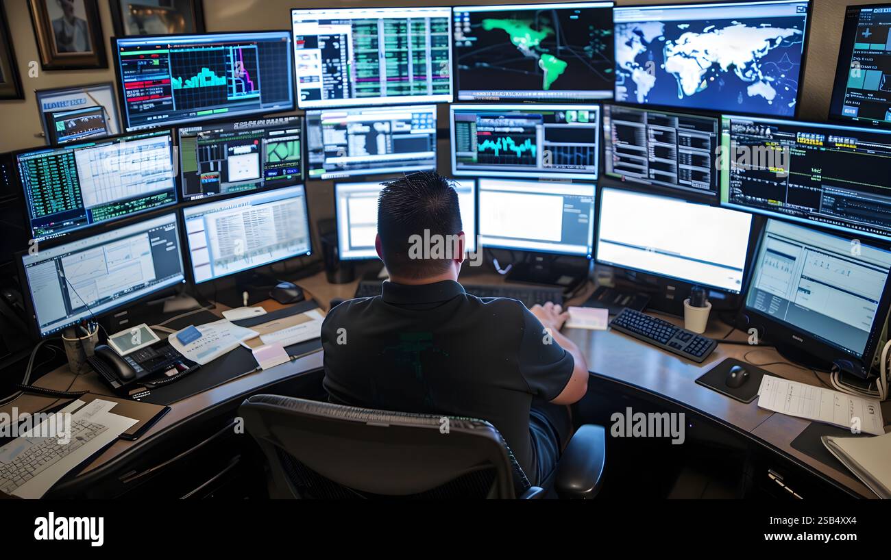 A focused cybersecurity professional works at a multi-monitor ...