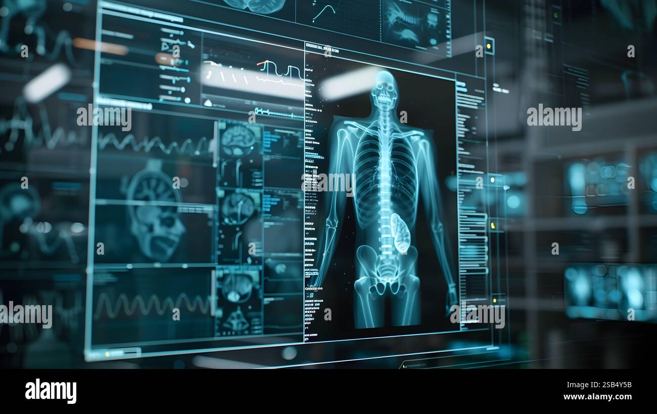 A digital X-ray image of a healing bone is displayed on a screen ...