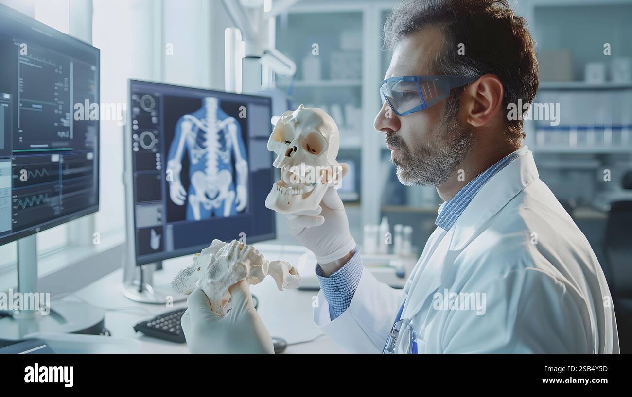 An orthopedic surgeon meticulously examines a 3D model of a fractured ...