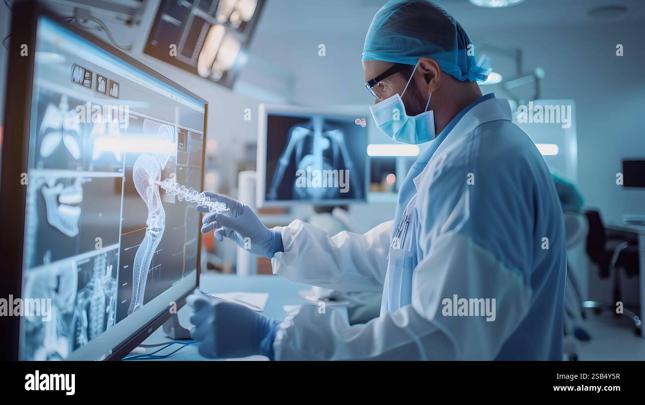 An Orthopedic Surgeon meticulously examines a 3D model of a fractured ...