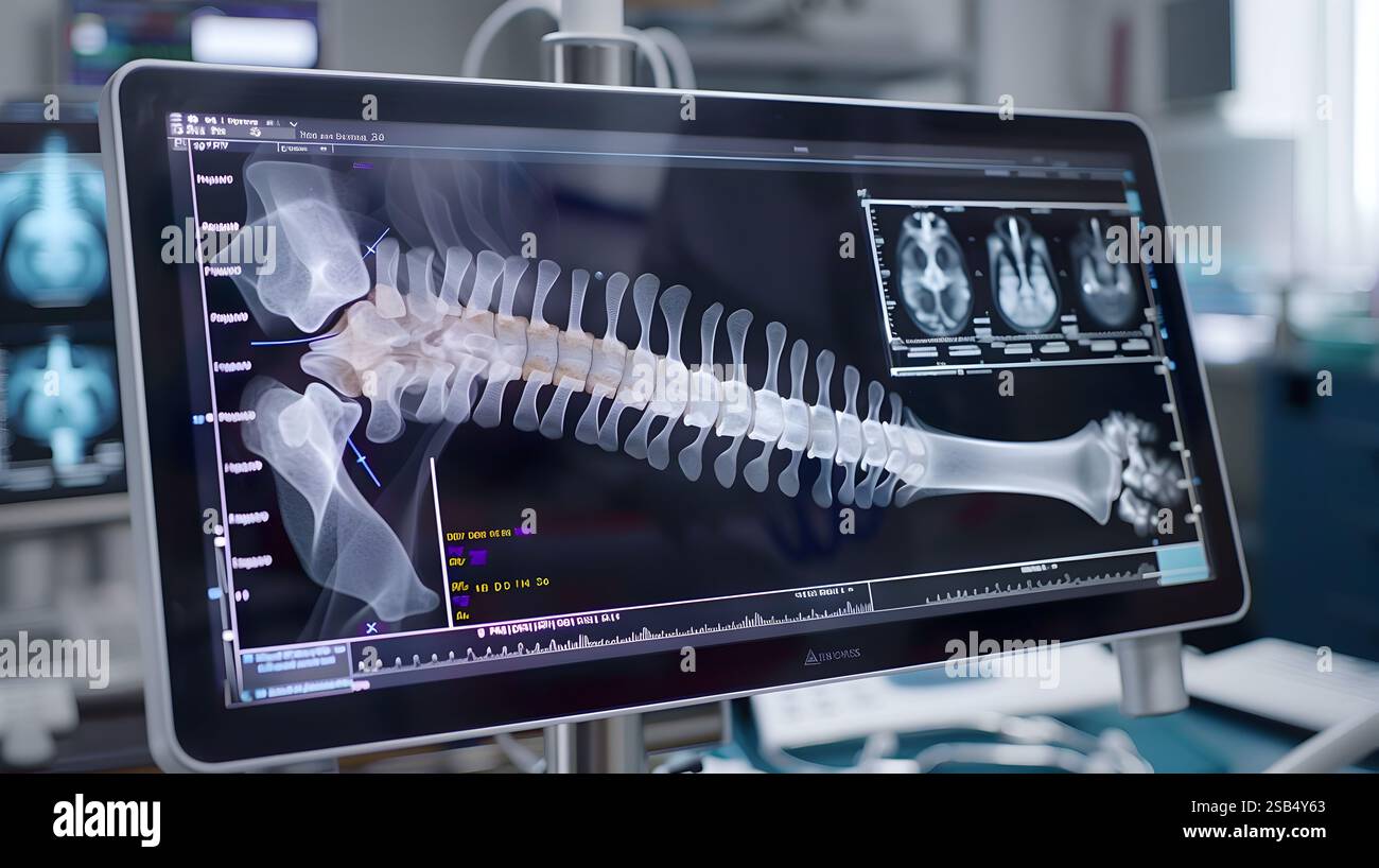 A detailed X-ray image displayed on a digital screen reveals a bone ...