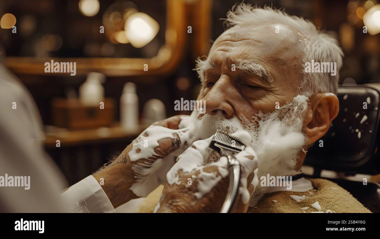 An elderly gentleman, comfortably seated in a classic barber shop ...