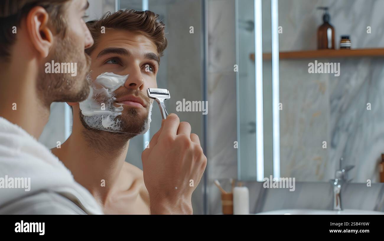 A clean and organized modern bathroom serves as the backdrop for a ...