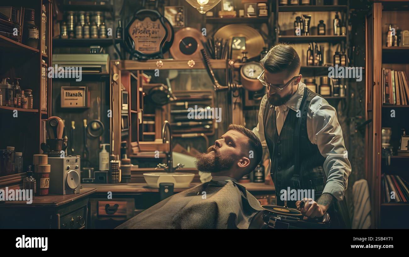 A hipster barber, steeped in old-school charm, provides a professional ...