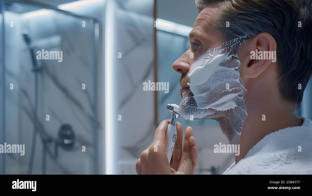 A detailed step-by-step tutorial of a morning shaving routine in a stylish, modern bathroom. The ...