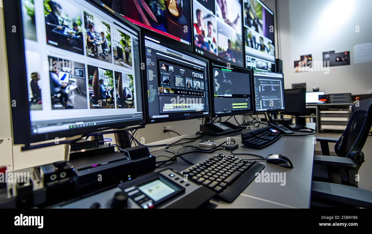 A High Tech Workspace Comes Alive With Multiple Monitors Displaying Various Stages Of E Magazine