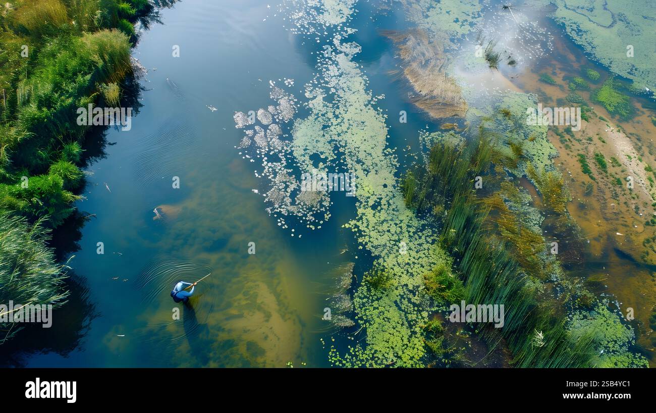 An environmental scientist is seen from above, conducting water tests ...