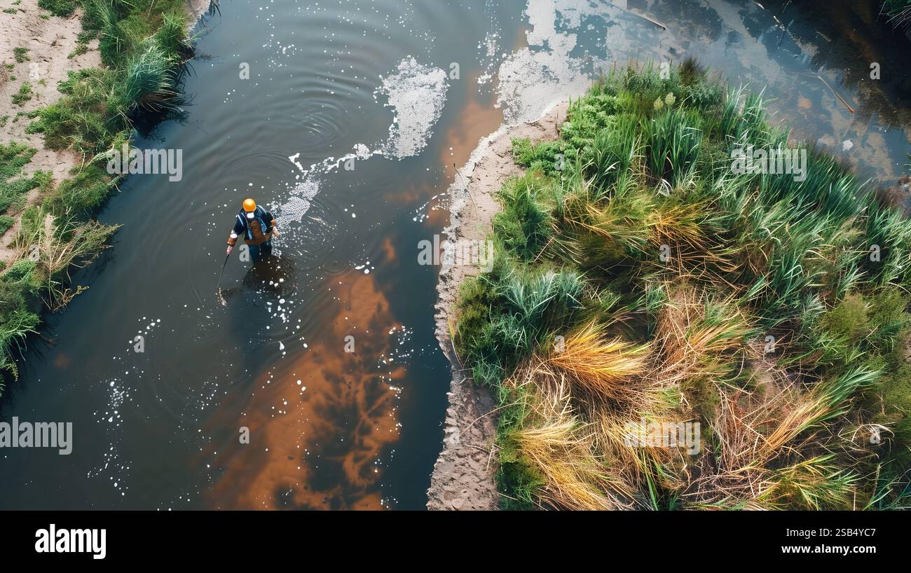 An environmental scientist is seen from above, performing water tests ...