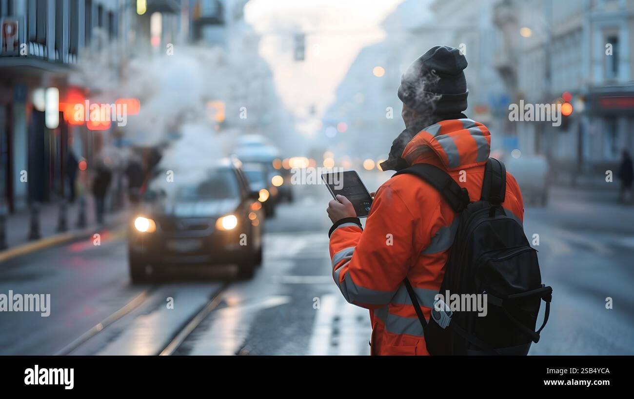 An urban environmental inspector meticulously measures air pollution ...