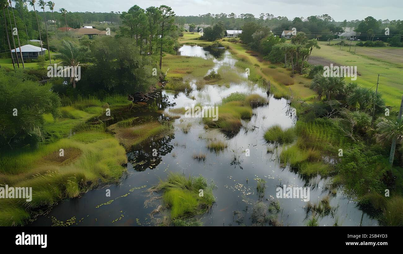 This aerial view showcases a thriving wetland, serving as a critical ...