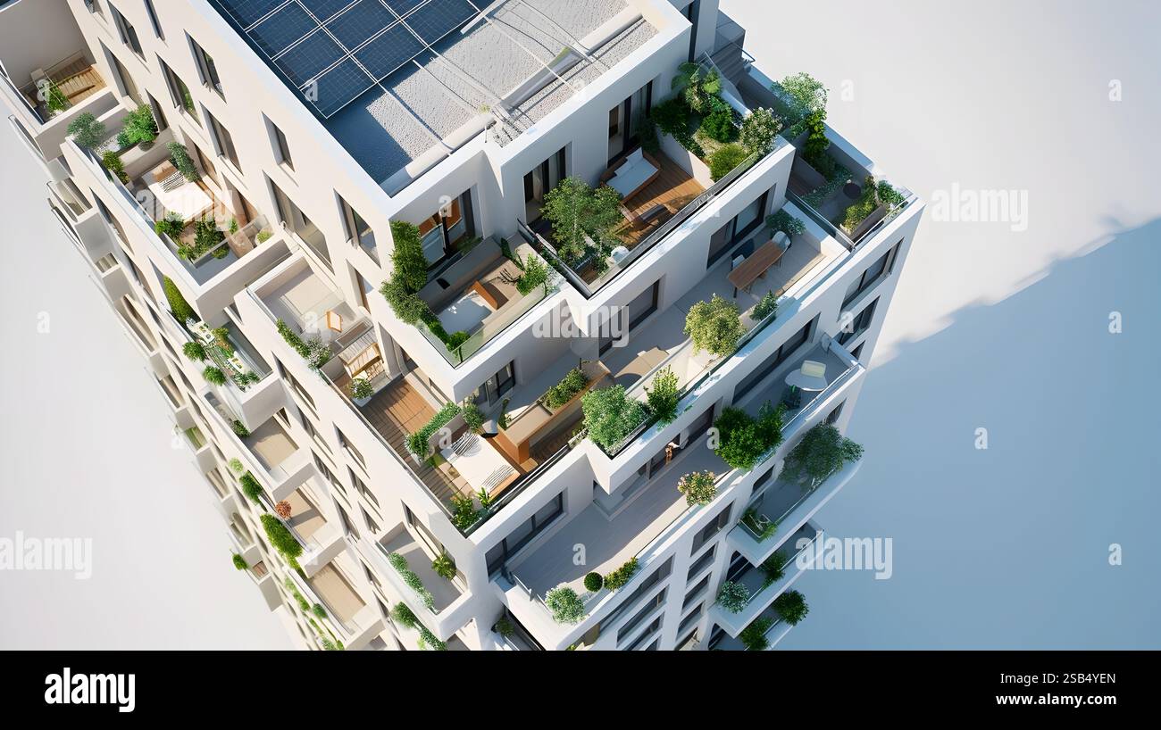 This 3D isometric view displays a high-rise residential building with ...