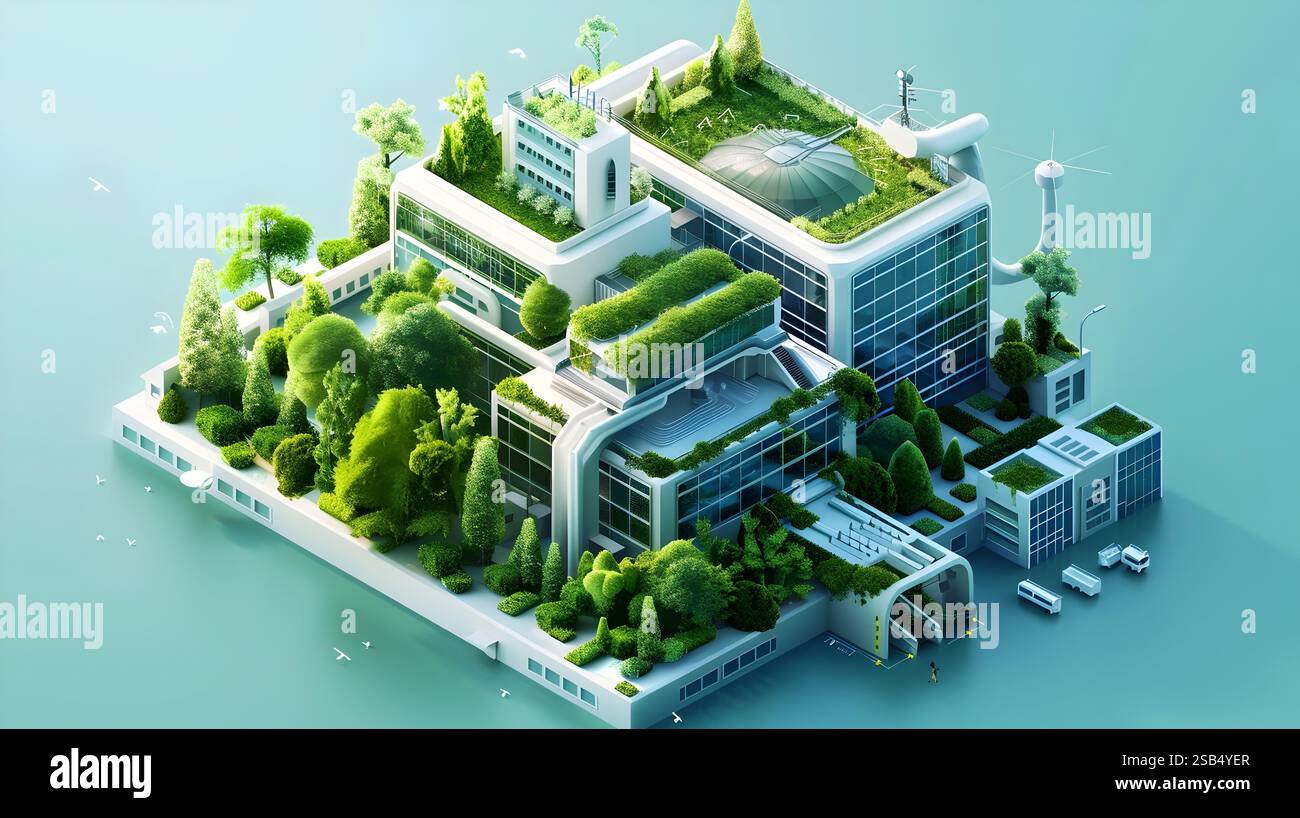 This isometric 3D showcases a cutting-edge eco-friendly building ...
