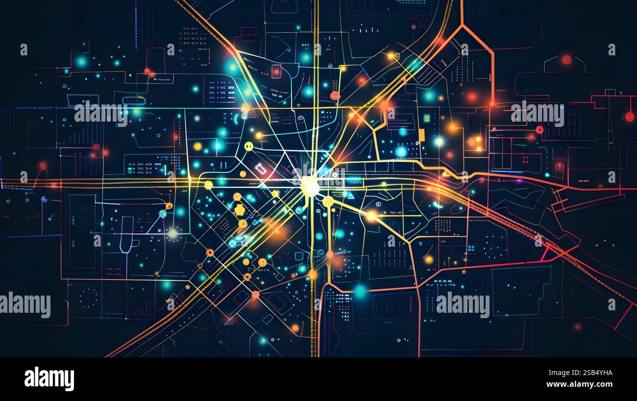 This abstract representation of a smart city map showcases simple lines ...