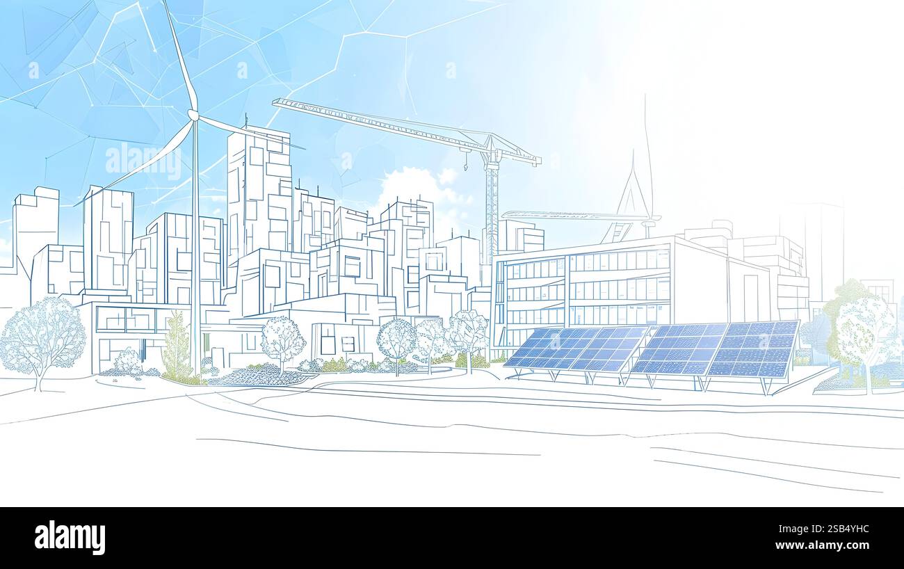 This line sketch showcases a smart city's energy grid, featuring solar ...