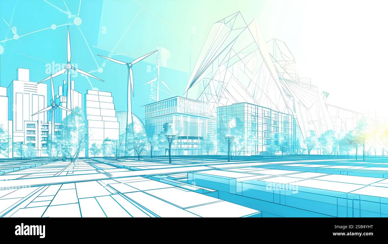 A detailed line sketch of a smart city energy grid, featuring solar ...