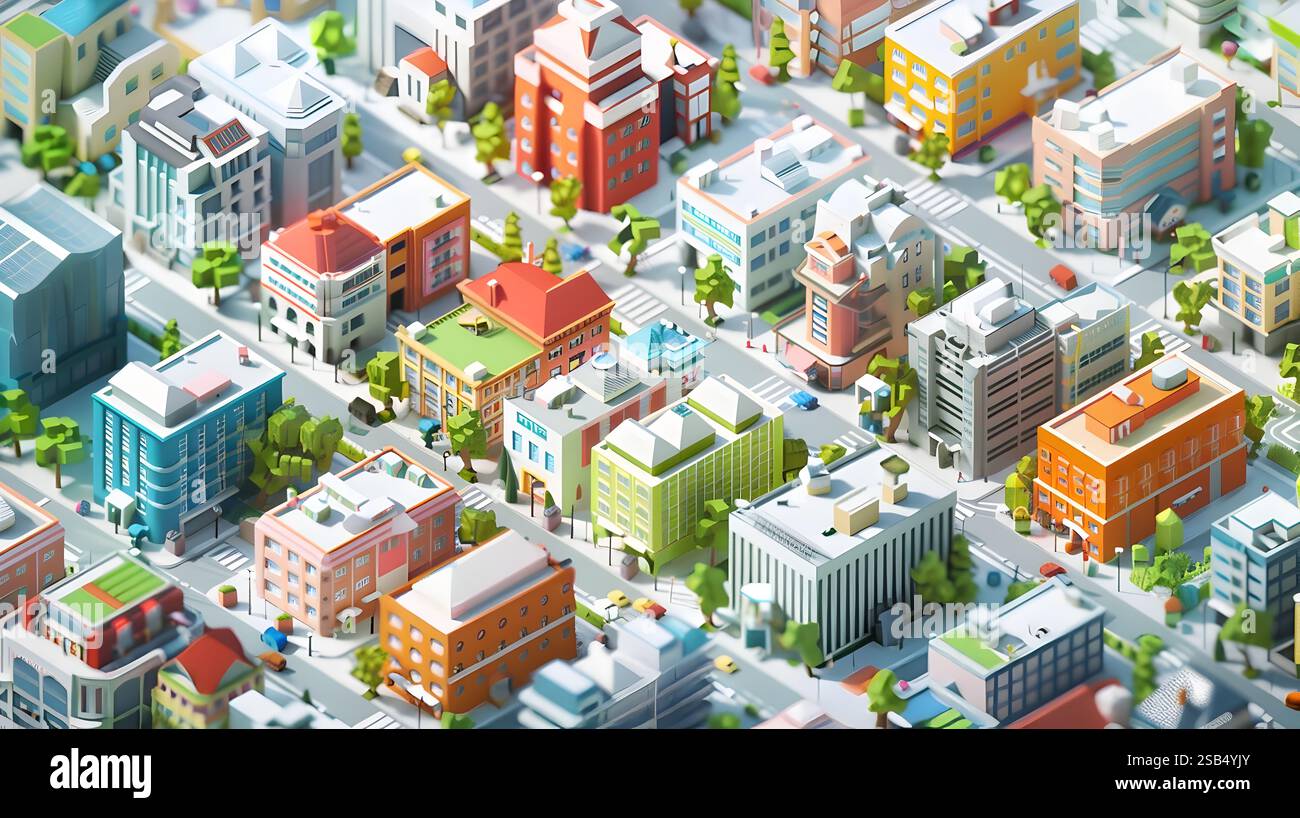 This isometric view showcases a bustling city sector, where residential ...