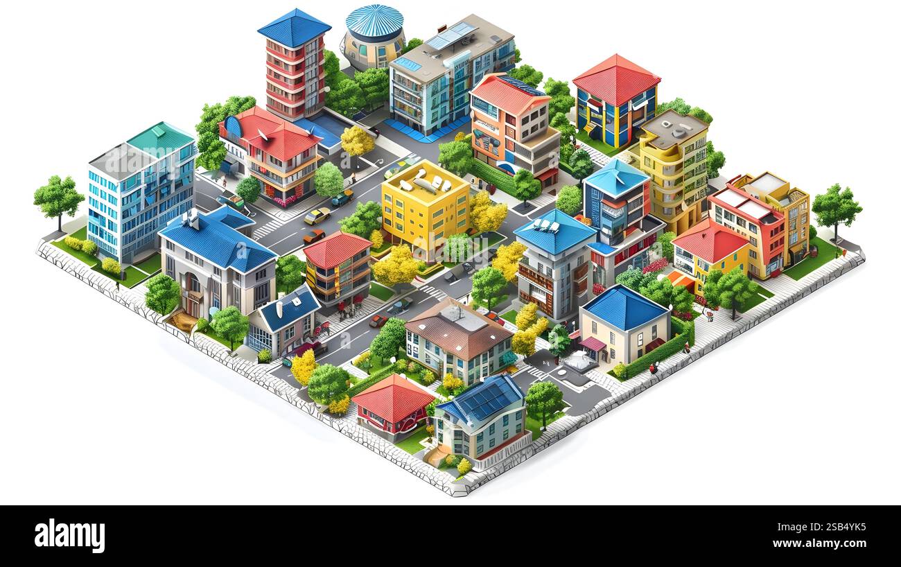 This isometric view showcases a lively and colorful city sector ...