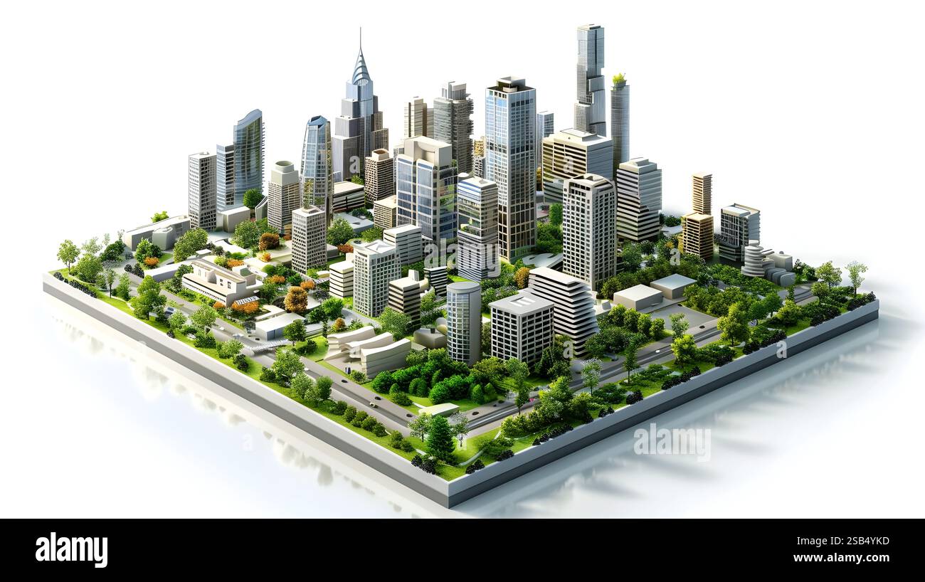 This 3D isometric model of a modern city features detailed skyscrapers ...