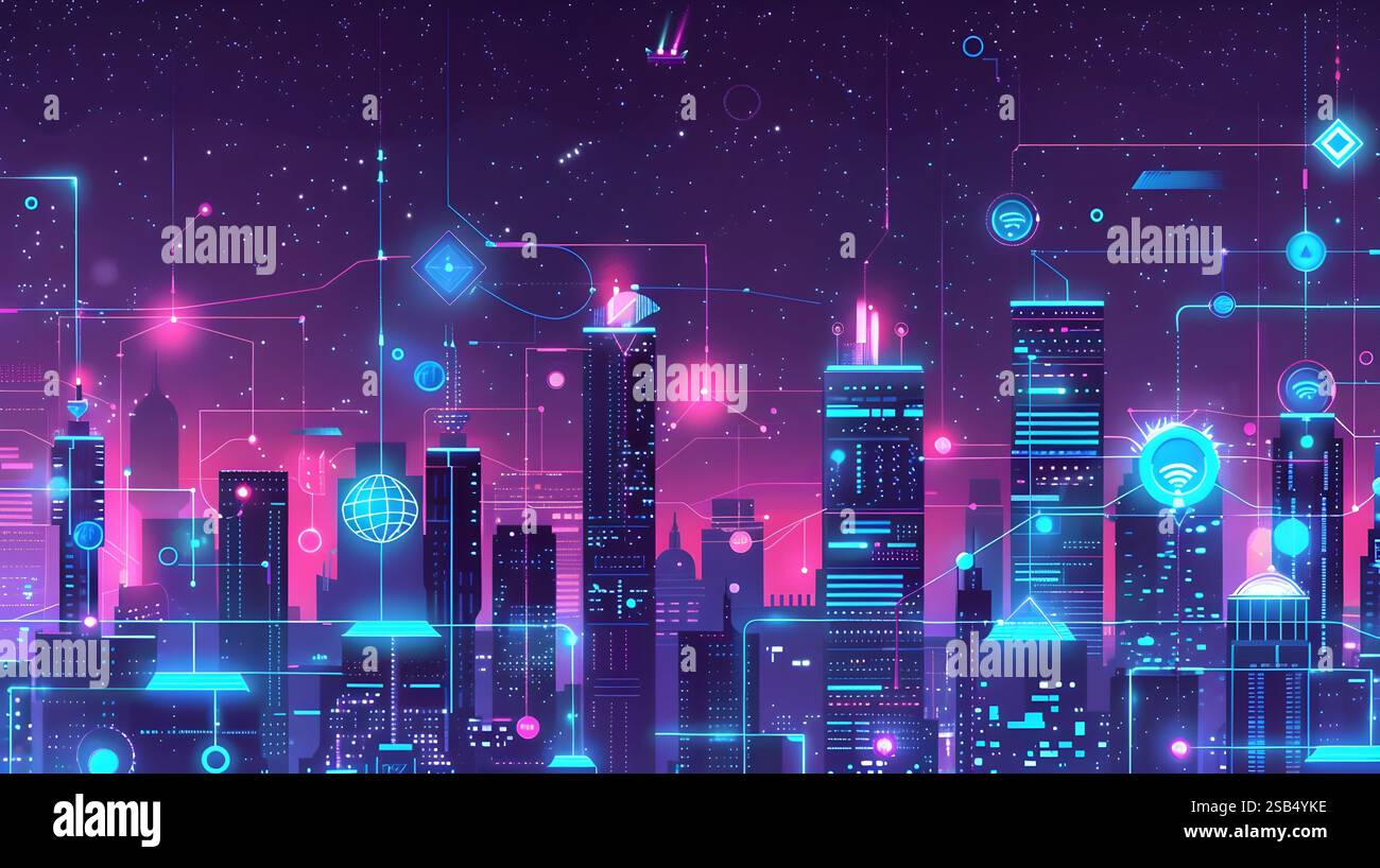 This stylized cityscape masterfully illustrates a smart city's ...