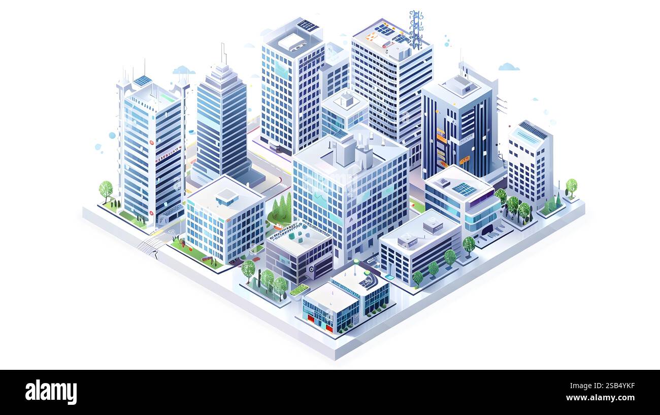 This simplistic isometric cityscape highlights a vibrant tech hub ...