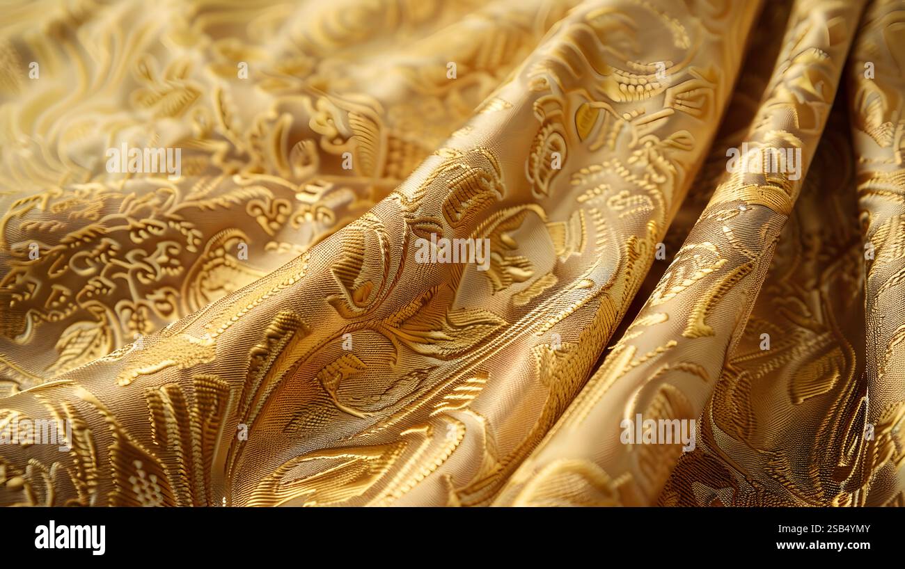 This close-up view of opulent gold brocade fabric showcases its ...