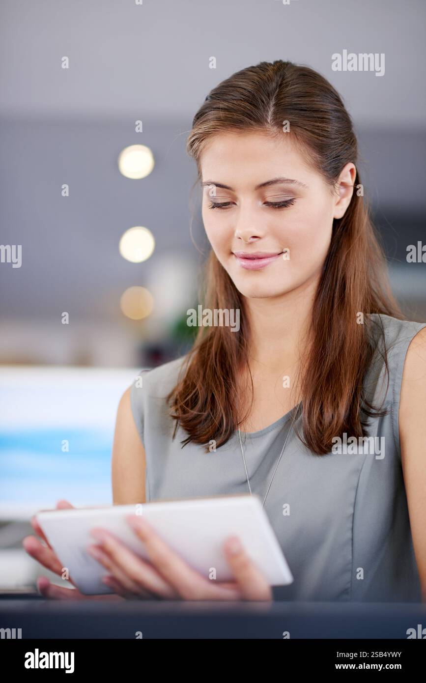 Tablet, creative and happy business woman in startup, planning and ai art director with visuals ...