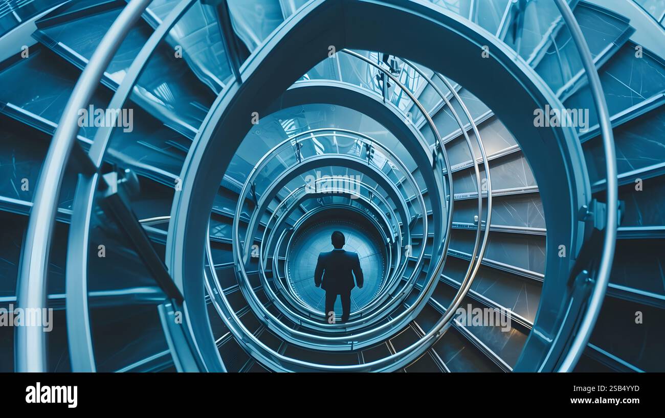 A determined businessman is seen climbing up a spiral staircase in a ...