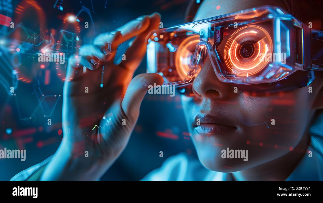 A close-up view of a futuristic eye examination taking place with the ...