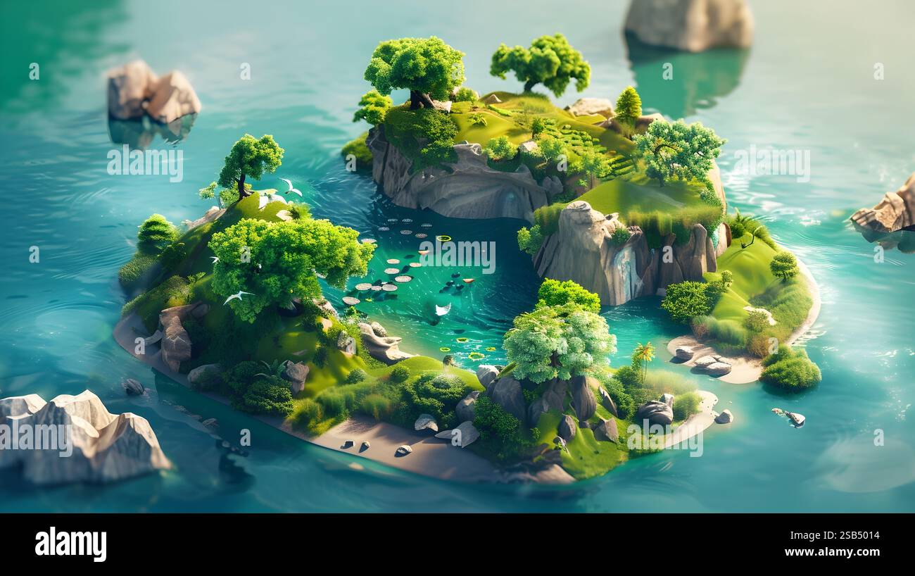 This isometric 3D showcases a floating island, intricately adorned with ...