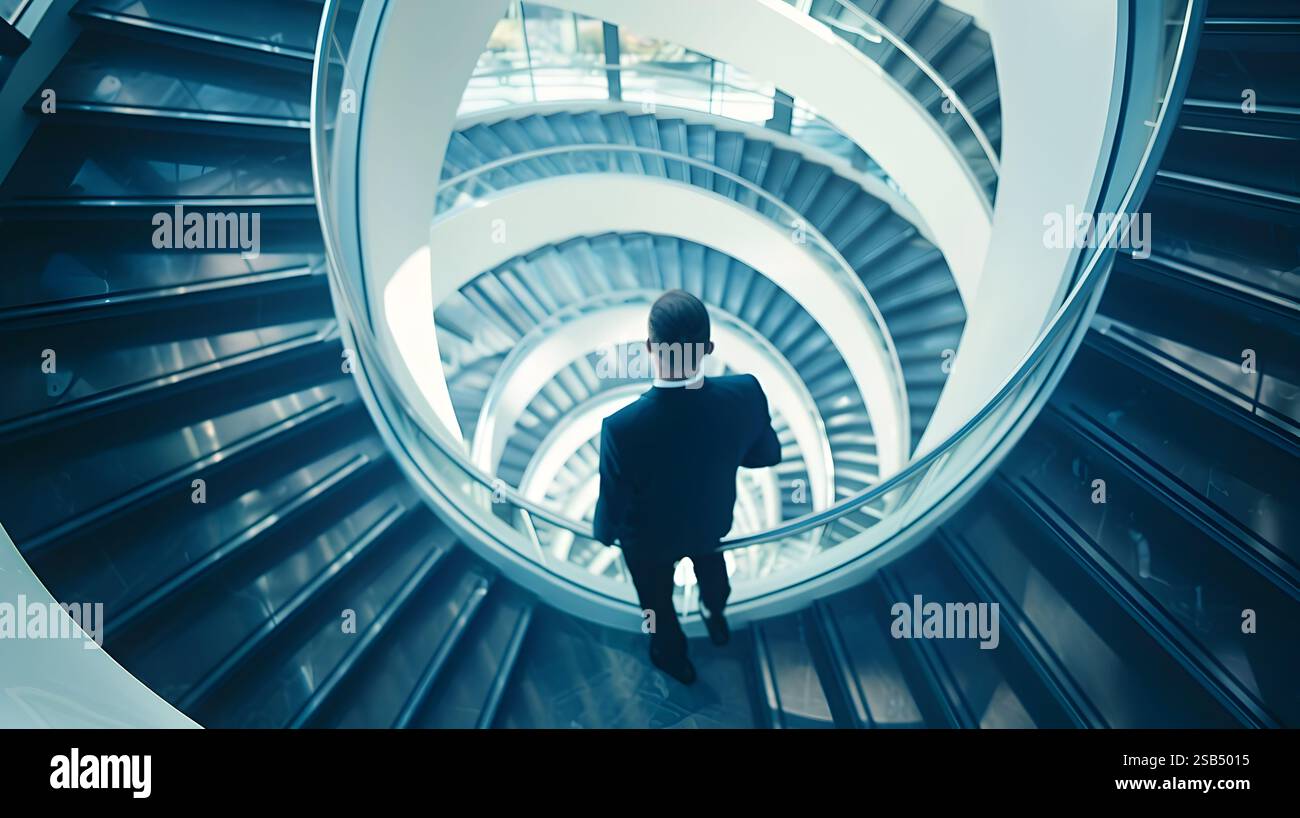 A determined businessman is seen climbing up a spiral staircase in a ...