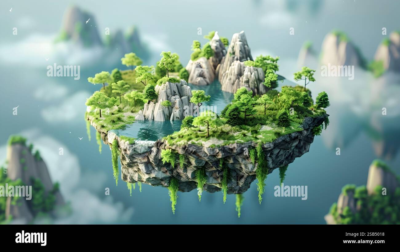 This isometric 3D showcases a captivating floating island, adorned with ... This isometric 3D showcases a captivating floating island, adorned with ...