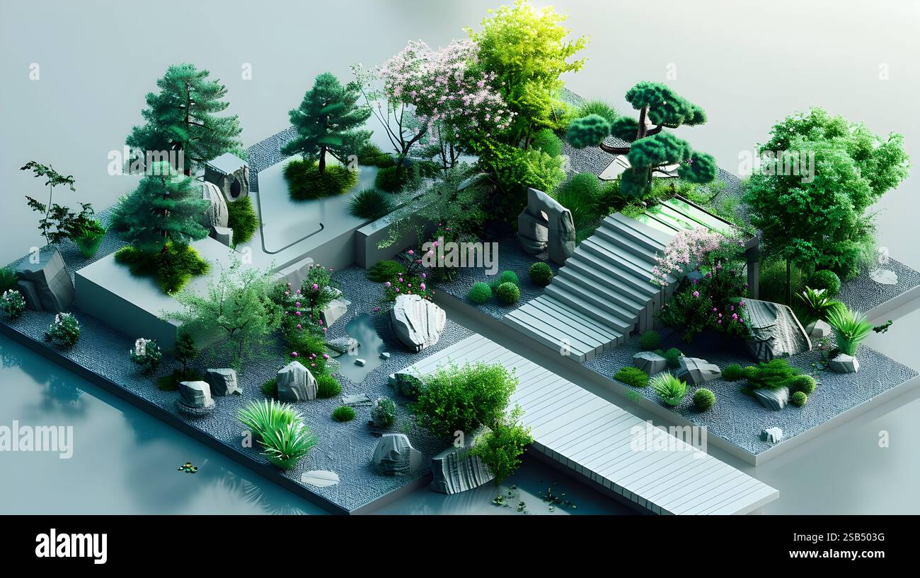 A captivating isometric 3D visualization depicts a surreal garden ...