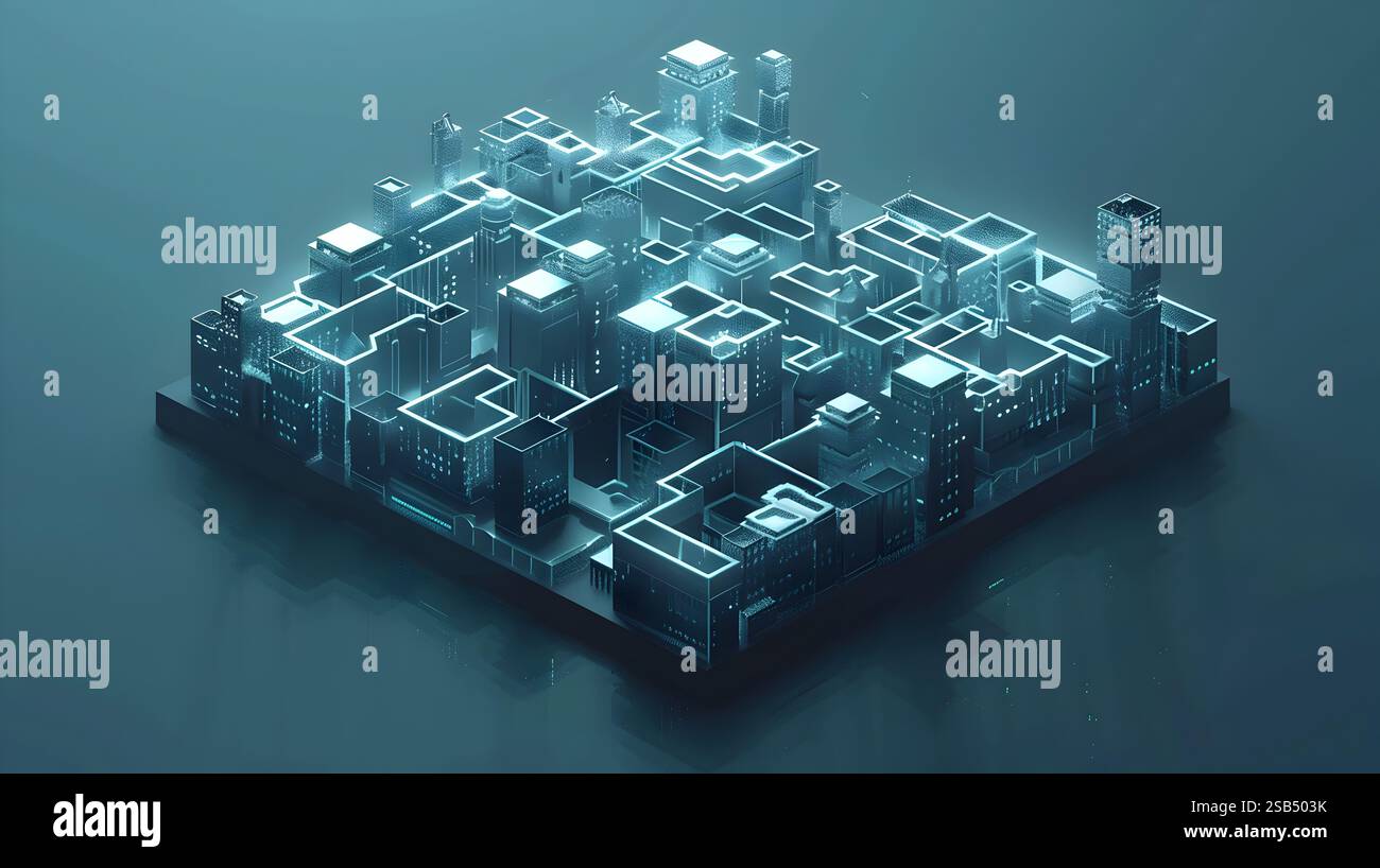 This 3D model presents a captivating vision of a futuristic city block ...