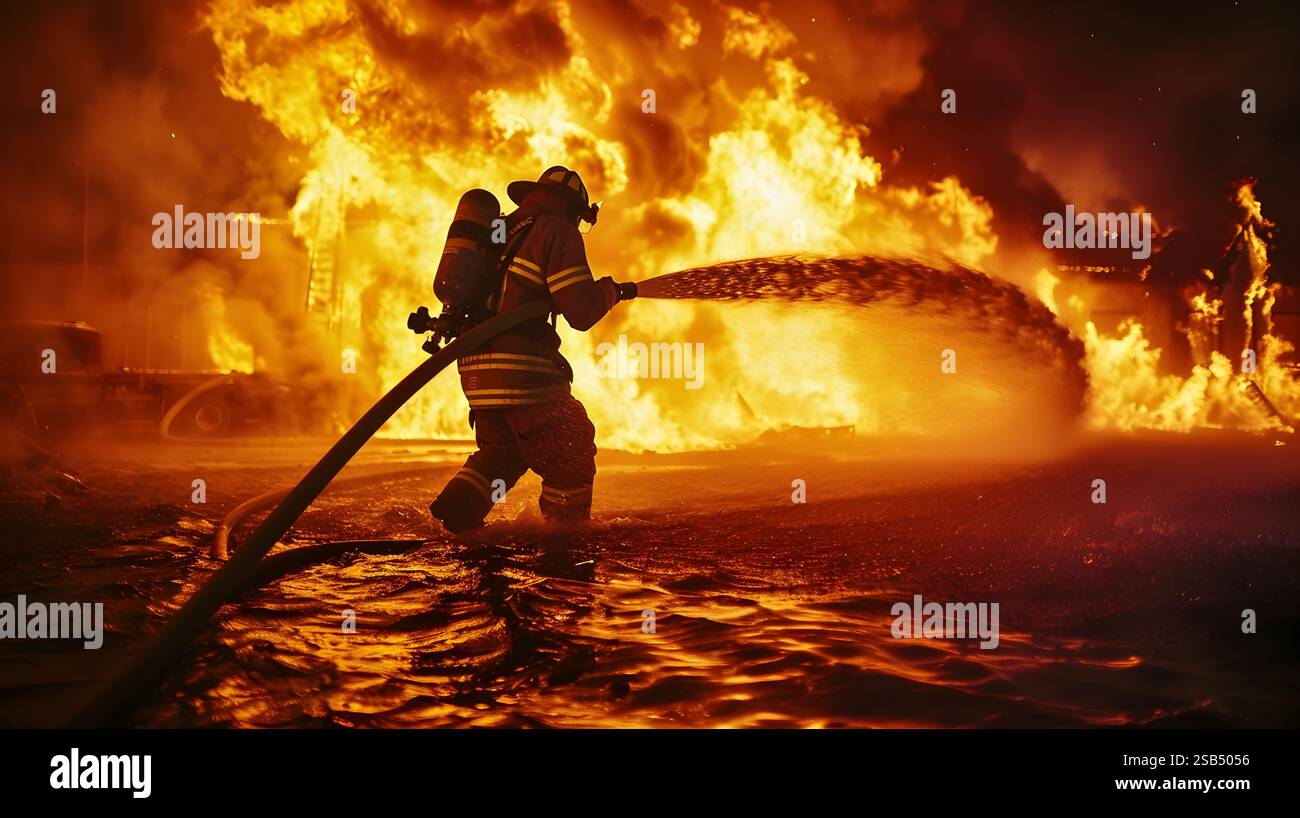 A firefighter, equipped with protective gear and wielding a powerful ...