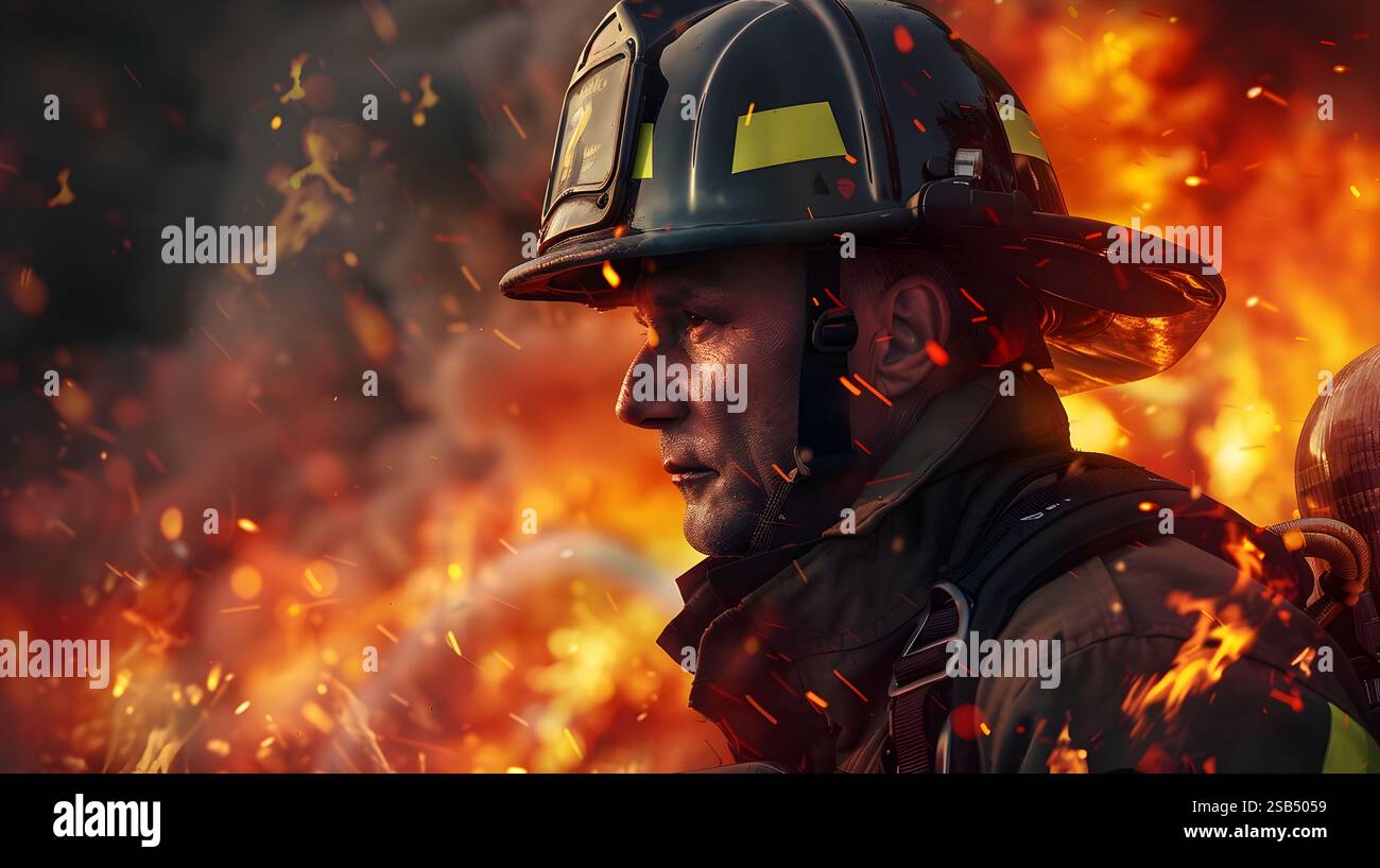 A close-up portrait of a firefighter in full gear, standing against a ...