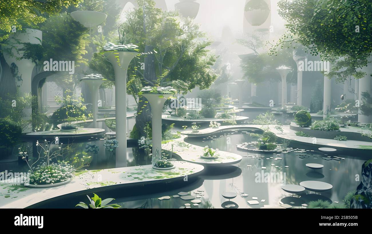 This 3D visualization showcases a surreal garden with floating elements ...