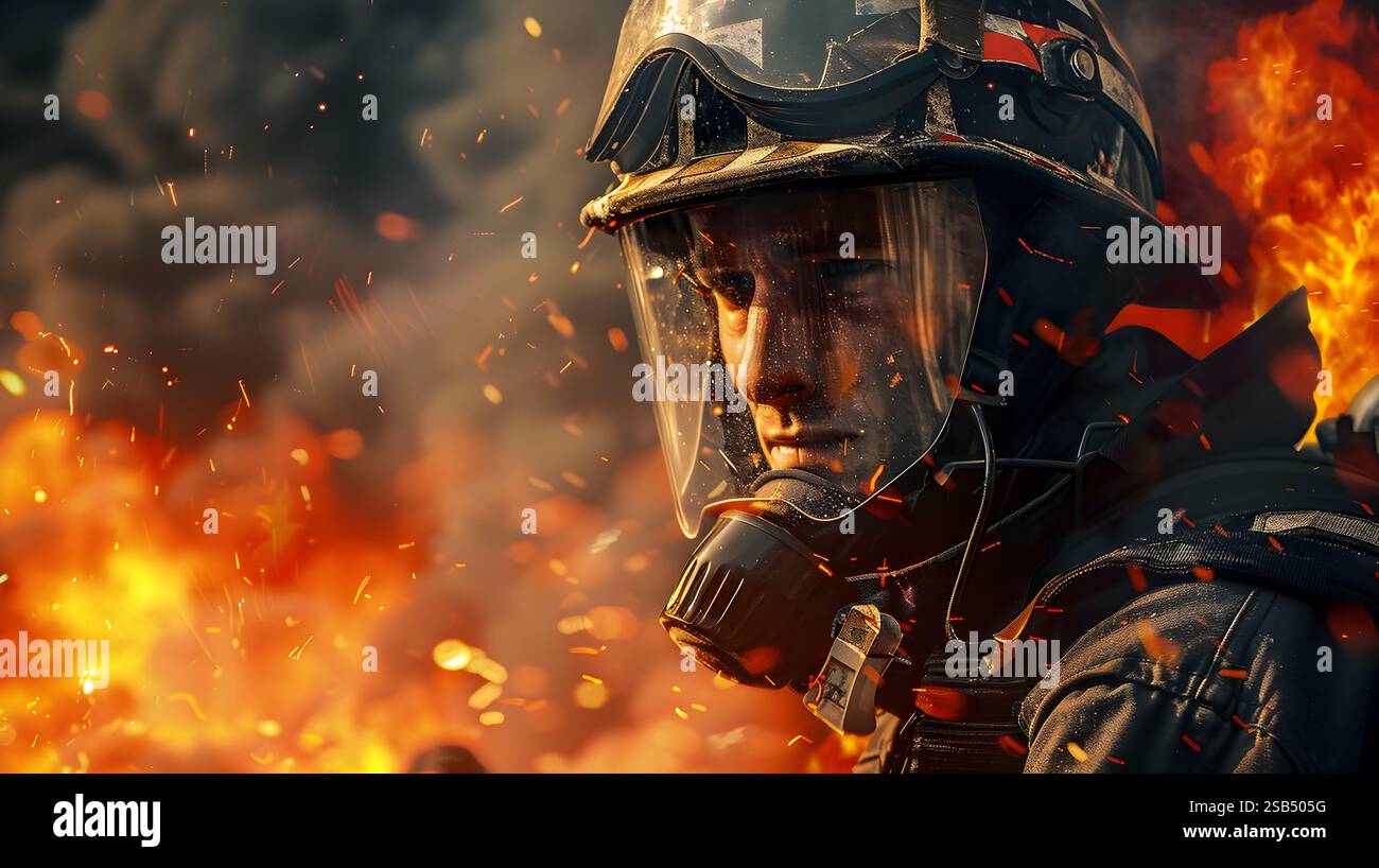 A firefighter stands resolute in full gear, facing a backdrop of ...