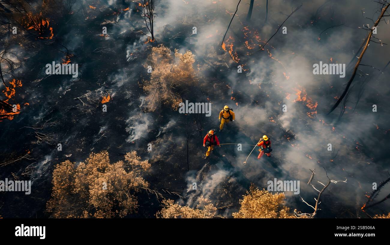 An aerial view of firefighters tirelessly combating a forest fire ...
