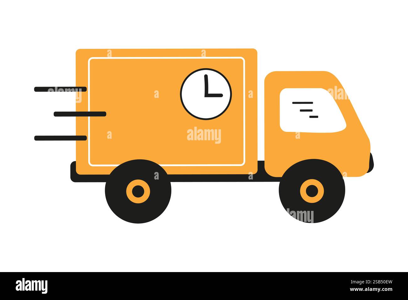 A bright orange delivery truck is moving quickly, featuring a clock ...
