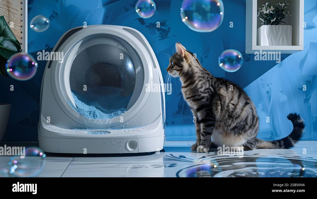 A humorous depiction of a cat exploring a high-tech automatic litter ...