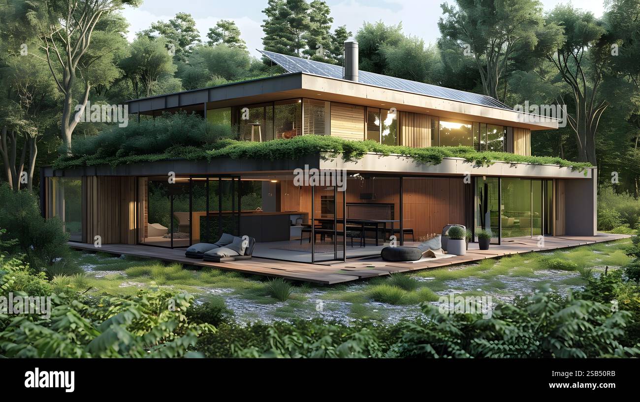 A stunning eco-house boasts green roofs, solar panels, and energy-efficient windows, seamlessly ...