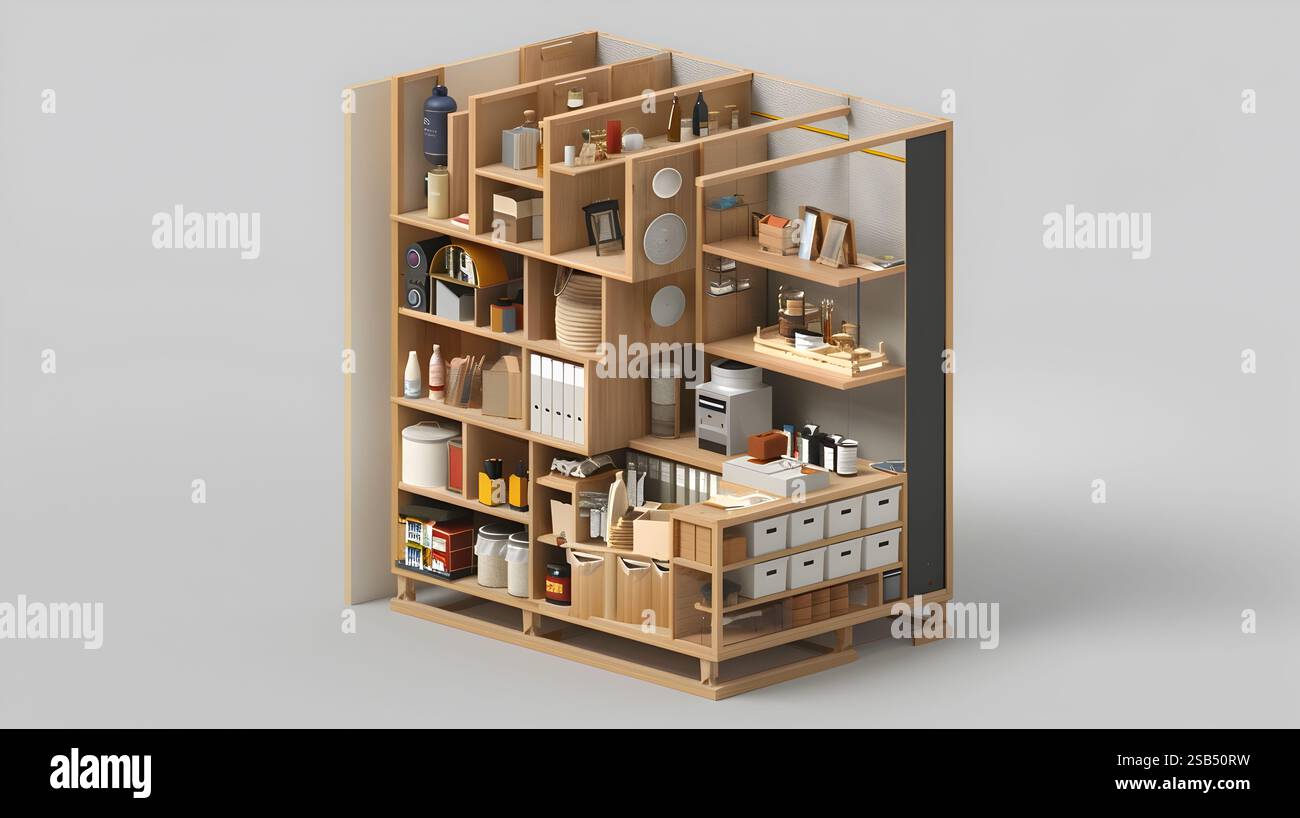 This 3D isometric view illustrates a modular shelving unit, emphasizing ...