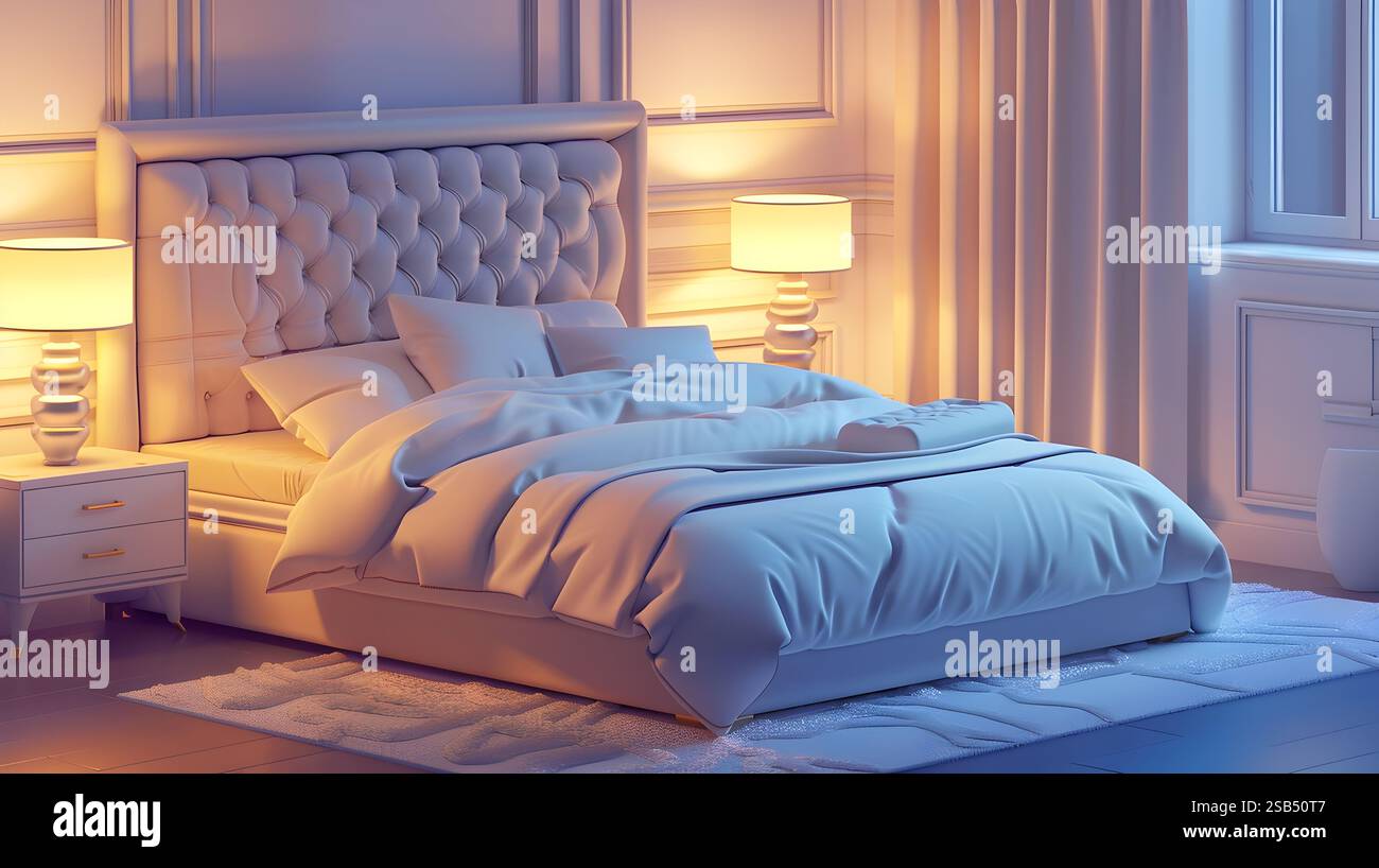 A detailed isometric rendering of a lavish bed, boasting a high tufted ...
