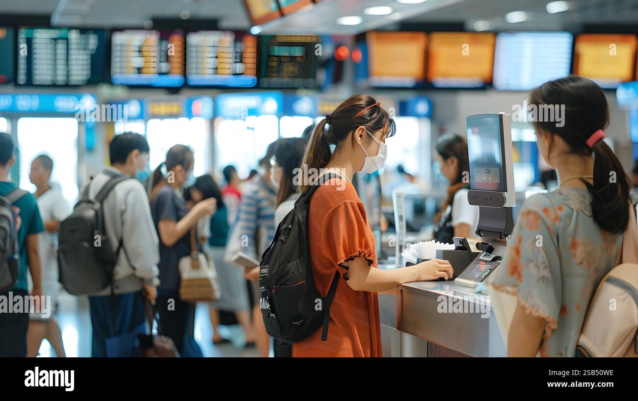 A bustling airline ticket counter showcases the seamless check-in ...