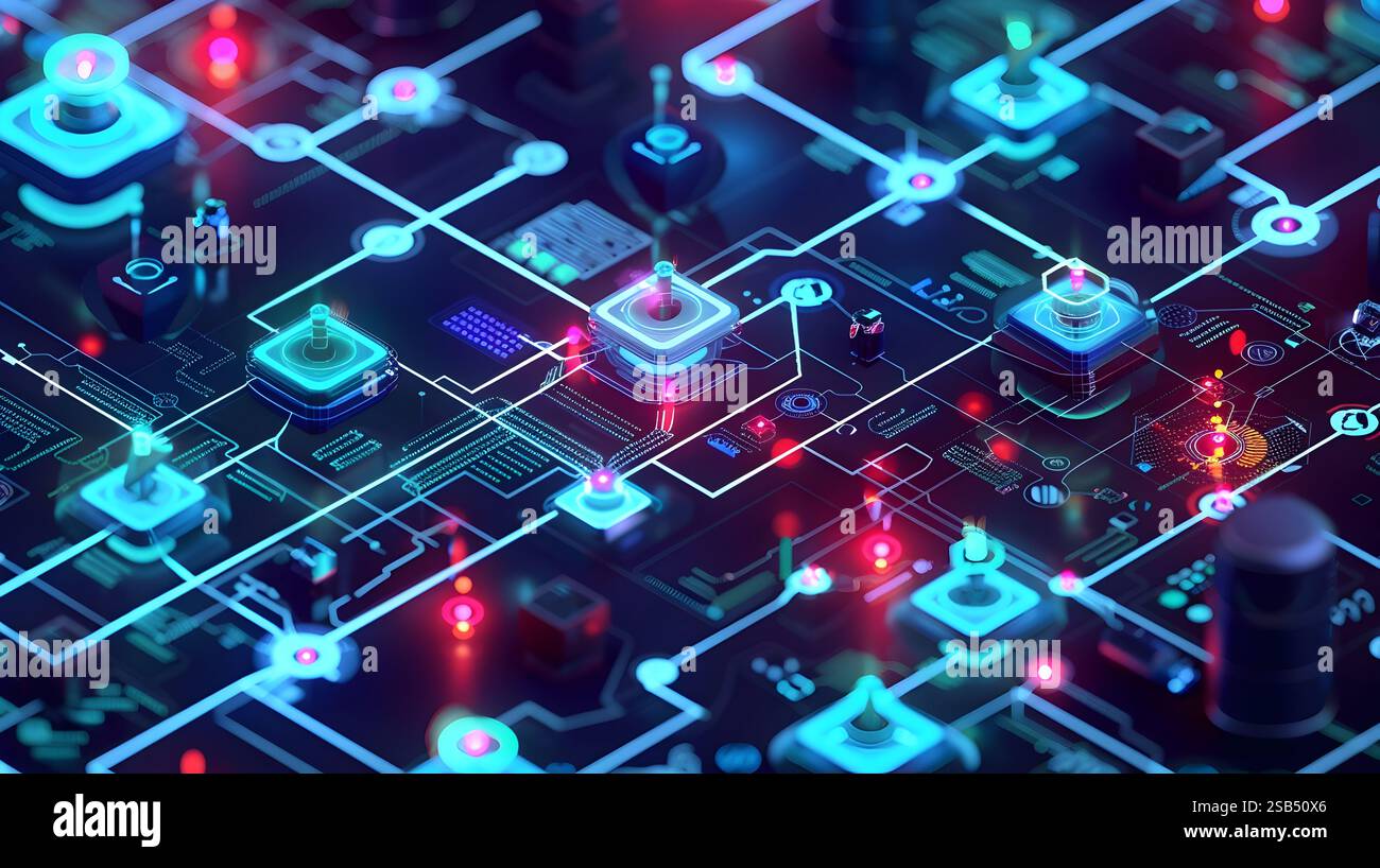 This isometric view of a complex network diagram illustrates data flow ...