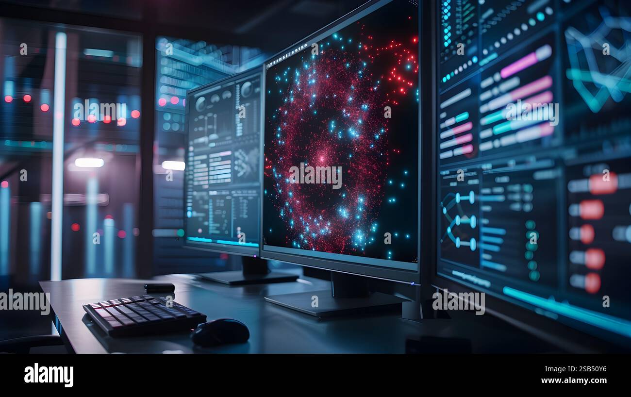 A isometric scatter plot fills the screen of a large monitor in a data ...