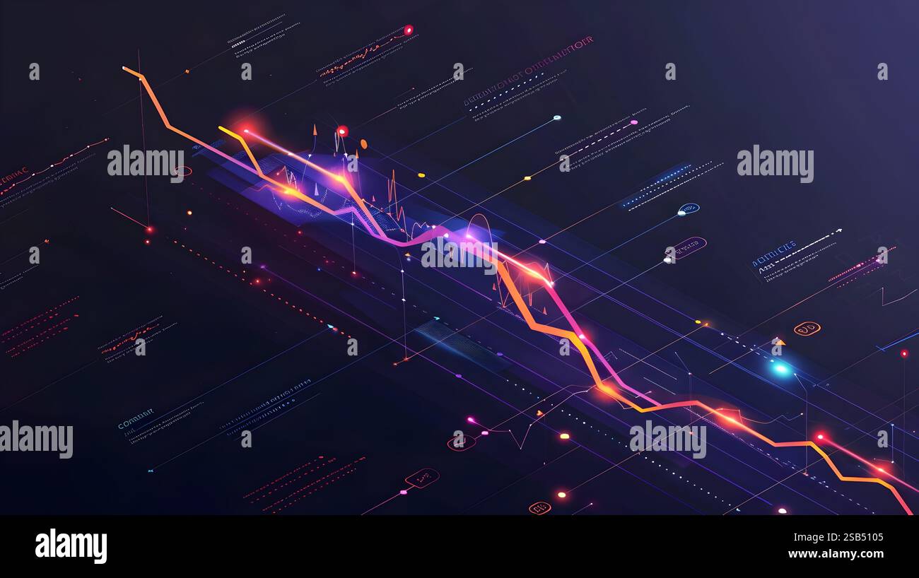This isometric 3D line graph showcases economic trends over time ...