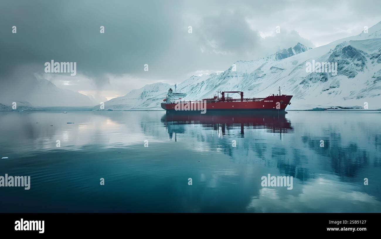 An industrial oil tanker vessel is seen in stark contrast against the ...