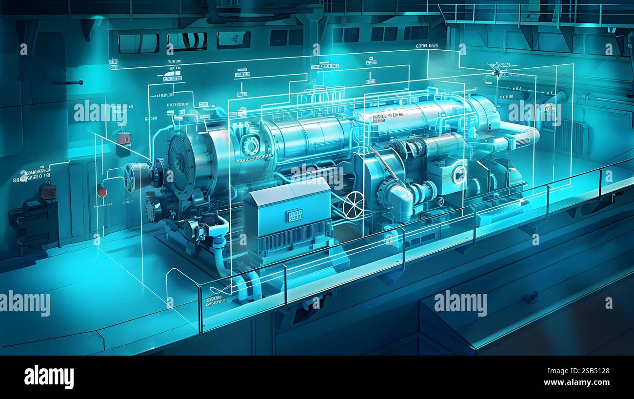 This technical showcases the engine room of a cargo ship, detailing how ...